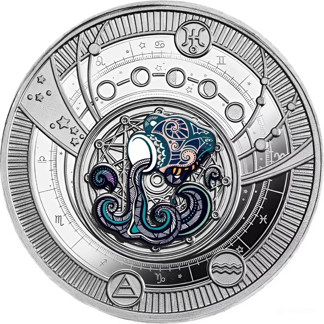 Серебряная монета Камеруна "Знаки зодиака. Водолей" 2025 г.в. (подвеска), 10 г чистого серебра ...